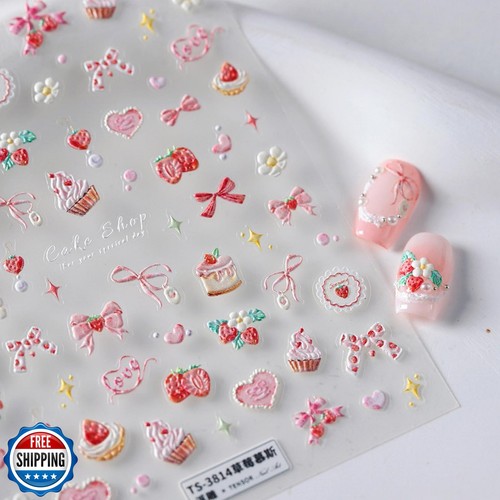 5D Embossed Pink Nail Stickers for Nail Art Cake Strawberry Bow N | eBay