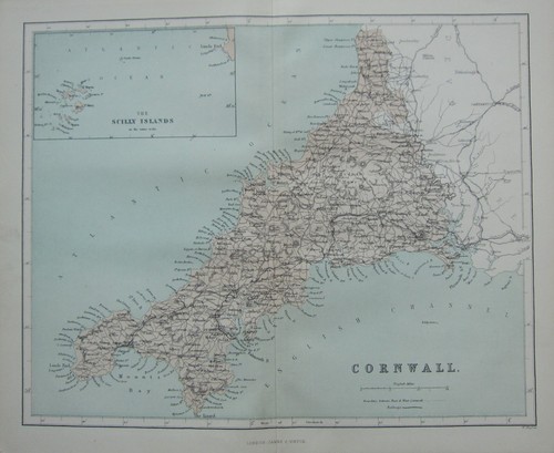 1868 MAP ENGLAND ~ CORNWALL BODMIN PENZANCE CAMELFORD FOWEY SCILLY ...