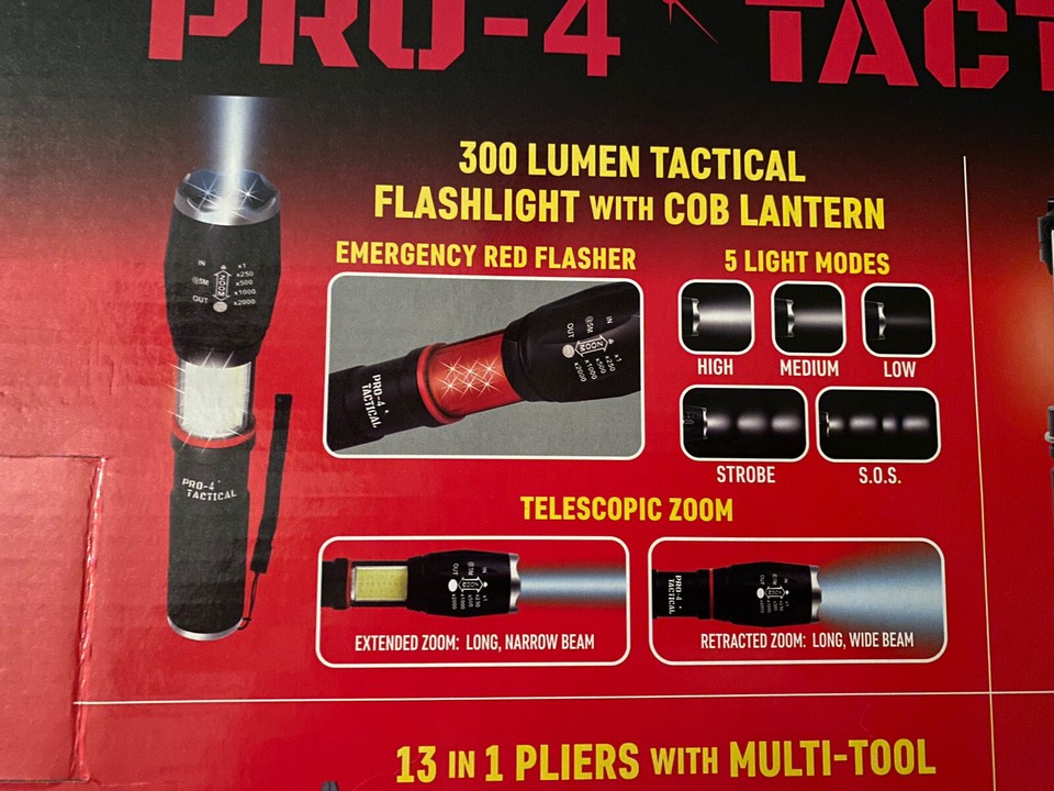 PRO 4 Tactical 4 PIECE SURVIVAL SET Lantern/Pliers/Flashlight/Gear Pack ...