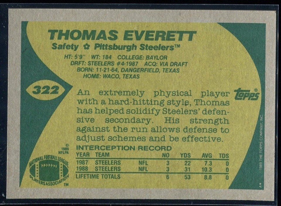1989 Topps Football Thomas Everett #322 Pittsburgh Steelers | eBay