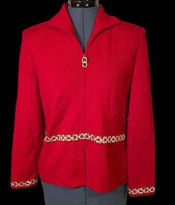 ST JOHN Collection Red Santana Knit Gold Chain Zip Up Jacket Old Money ...