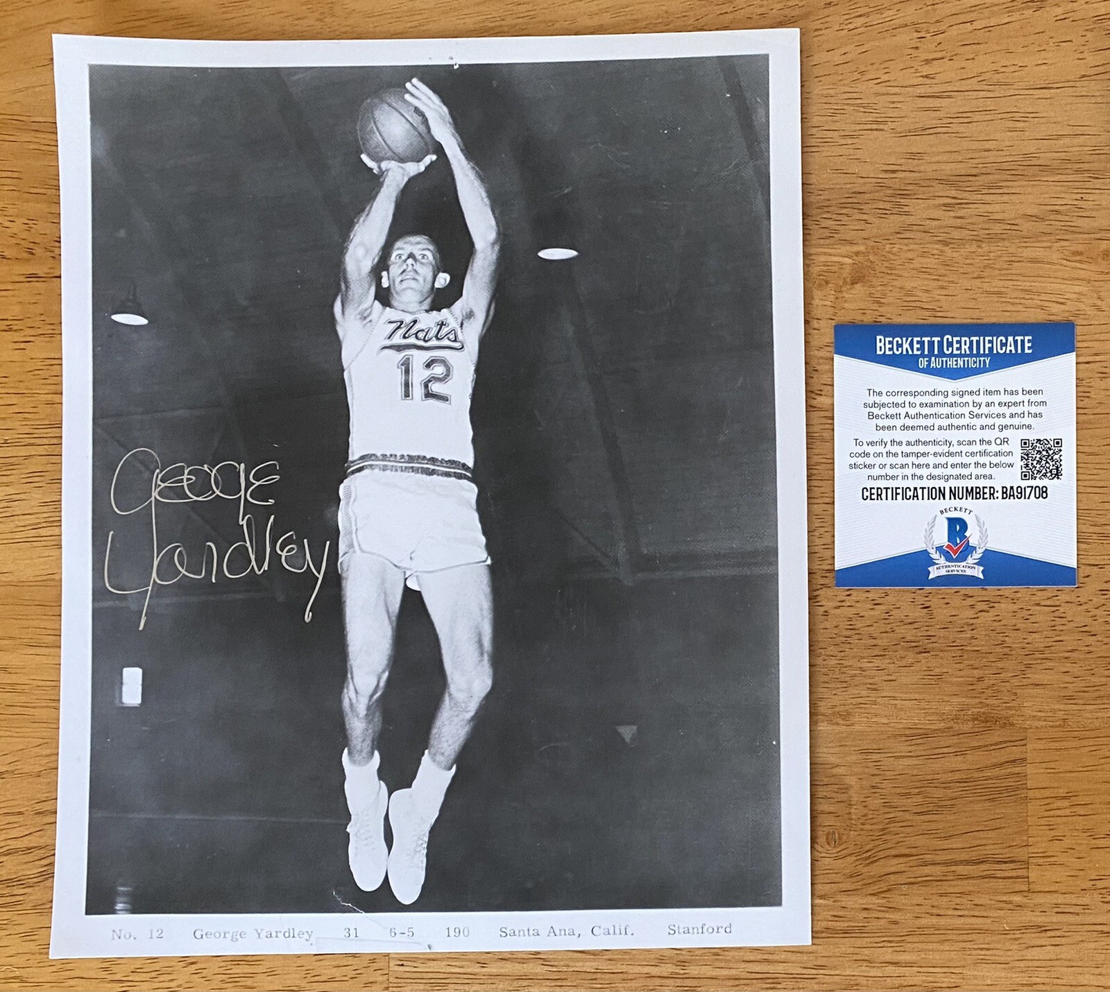 George Yardley Signed Autographed 8x10 Photo Beckett BAS Cert Hall Of ...