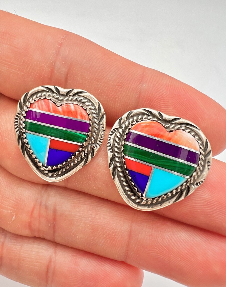 Vtg Navajo Sterling Silver Multi Gemstone Flush Inlay Heart Post Stud ...