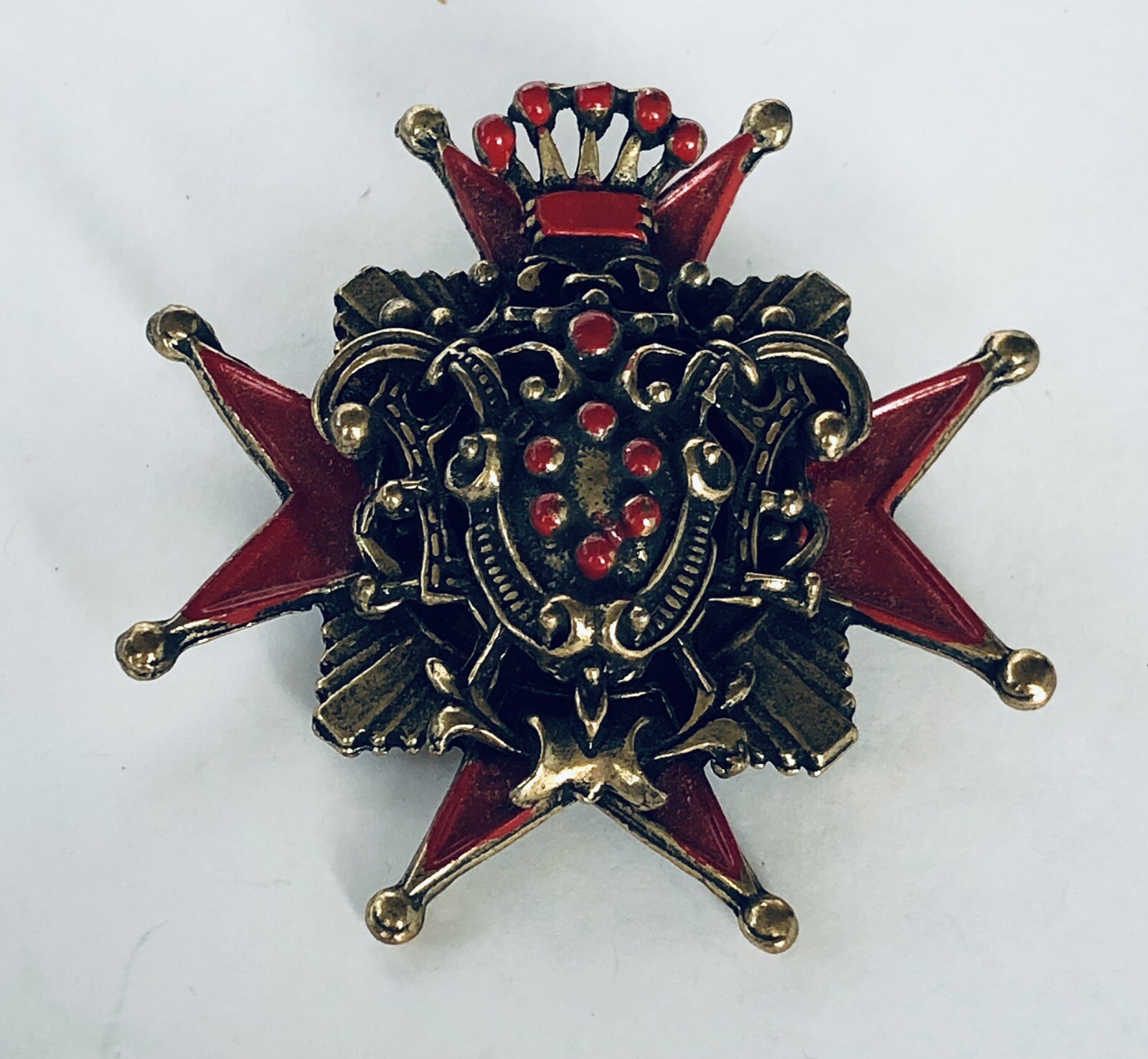 Vintage Red Enamel Maltese Cross Gold Tone Brooch Pin… - Gem