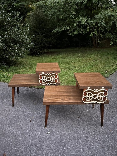 Pair Vintage 1960s MCM Atomic Retro End Table Formica Metal Wood Glass ...