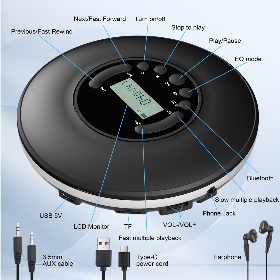 CD Player Portable, Discman with Stereo Earbuds and Bluetooth Output ...