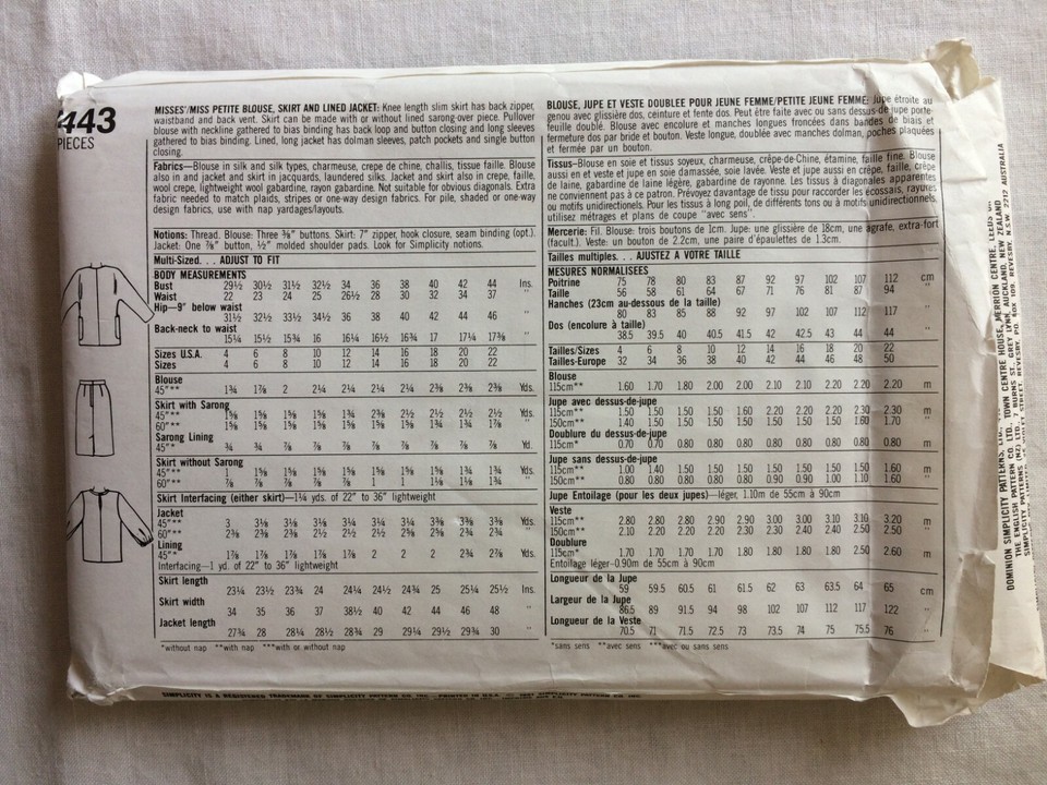 Simplicity 7443 UNCUT Misses Size 4 6 8 10 12 Blouse Skirt Lined Jacket ...