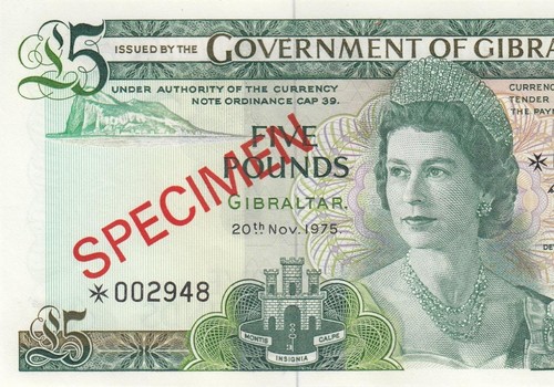 1975 GOVERNMENT OF GIBRALTAR 5 POUNDS QEII £5 **SPECIMEN** (( GEM UNC ...