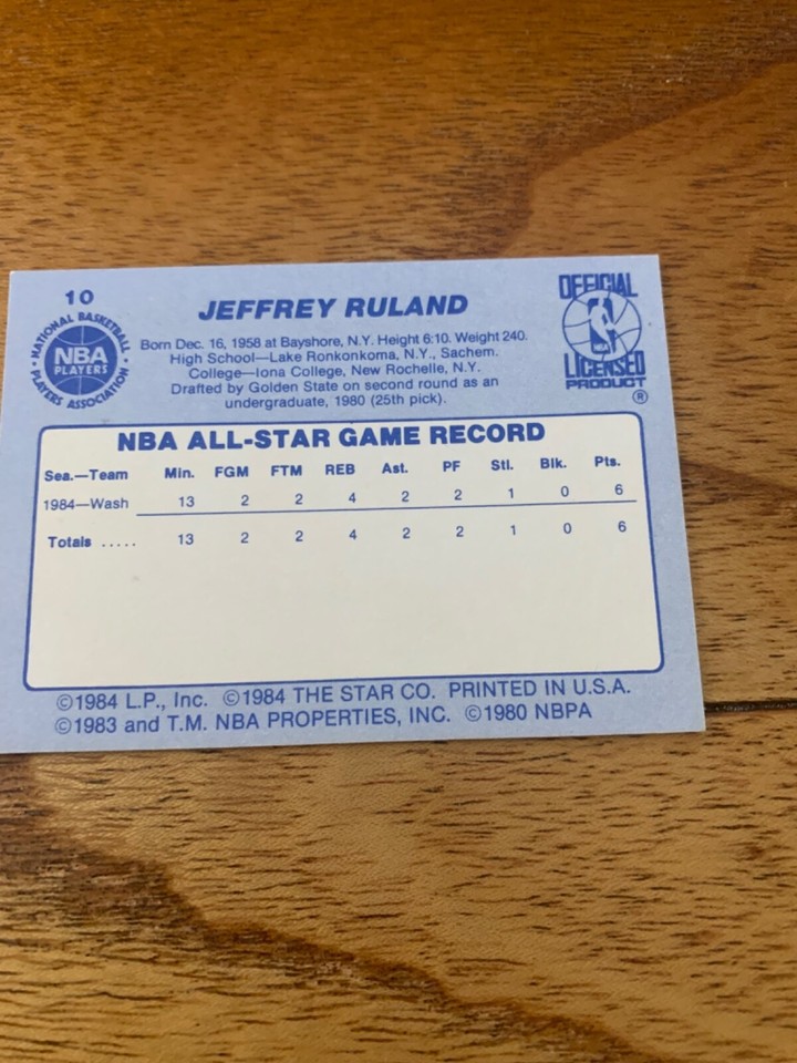 Jeff Ruland 1984 Star All-Star Game Washington Bullets #10 NM-MT | eBay