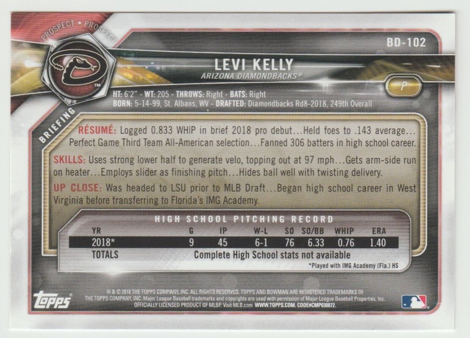 2018 Bowman Draft #BD-102 Levi Kelly Baseball Card Arizona Diamondbacks ...
