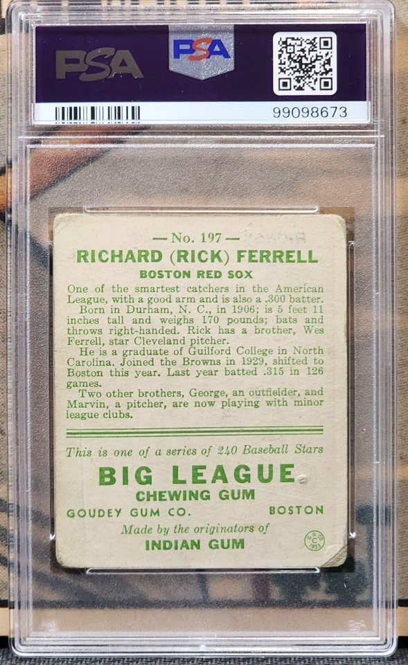 RICK FERRELL SIGNED 1933 Goudey Gum #197 PSA/DNA Authentic, 8 AUTO RED ...