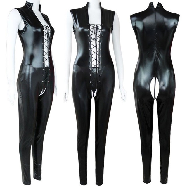 Women Pu Leather Bodycon Bodysuit Catsuit Clubwear Jumpsuit Wet Look
