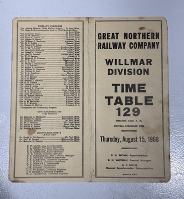 1968 Great Northern Railroad GN Employee Timetable Willmar Minnesota ...