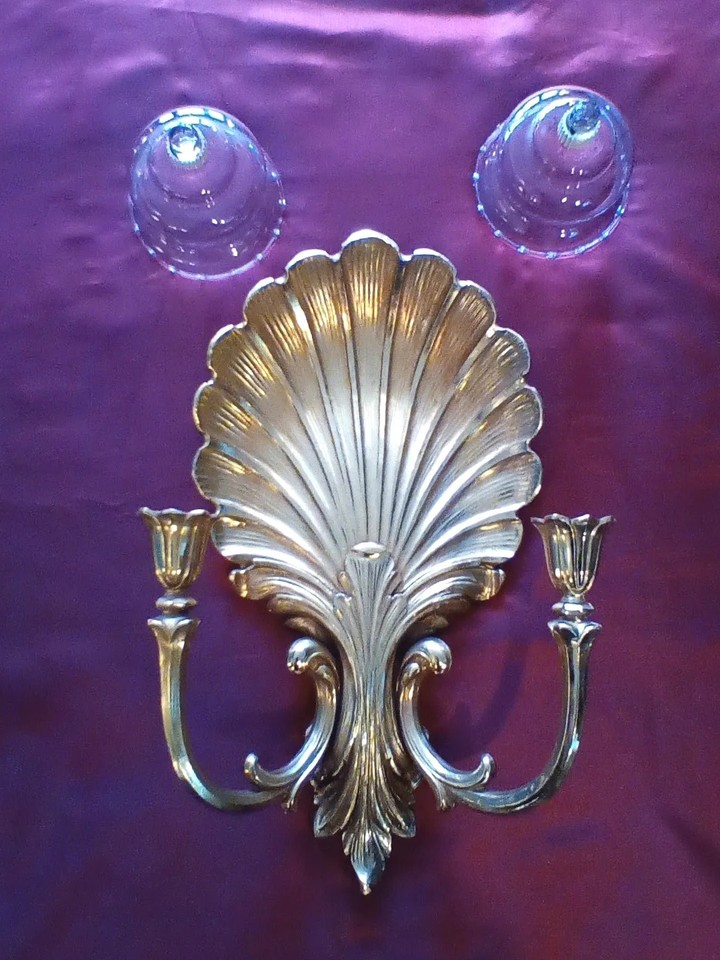 VINTAGE SCONCE GOLD CLAM SHELL GLASS VOTIVE HOLLYWOOD REGENCY WALL ...