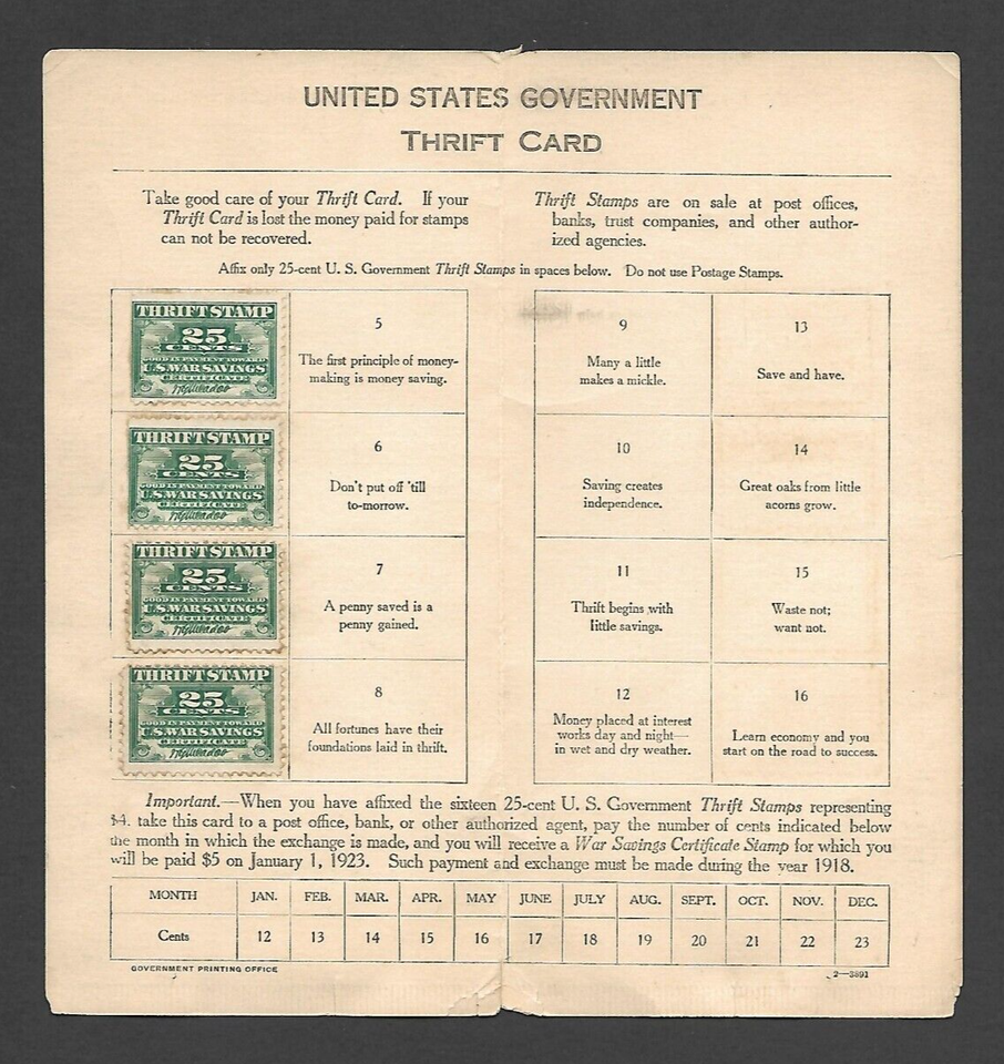 U. S. GOVERNMENT THRIFT CARD BOOKLET WITH 4 # WS1 WAR SAVINGS STAMPS ...