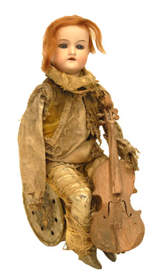 ANTIQUE BISQUE HEAD DOLL AUTOMATON WINDUP CLOCKWORK MUSICAL CELLO ...