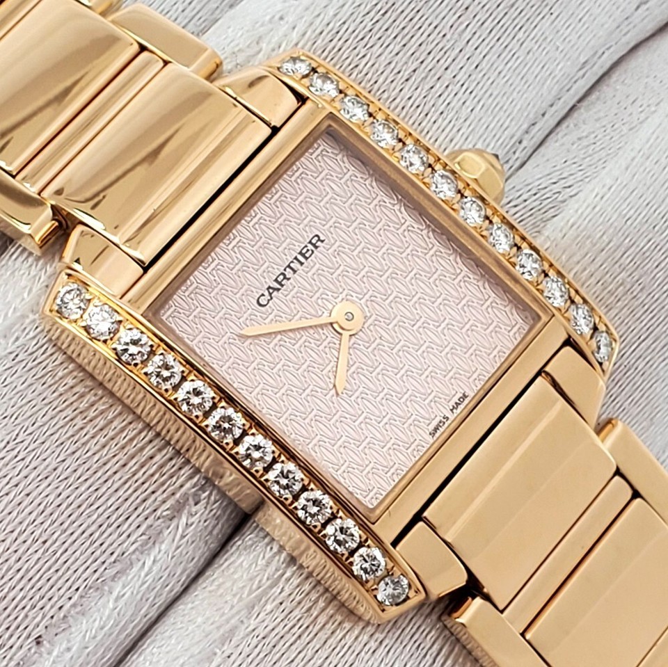 Cartier Tank Francaise Diamond 20mm 18K Yellow Gold Light Rose Dial ...
