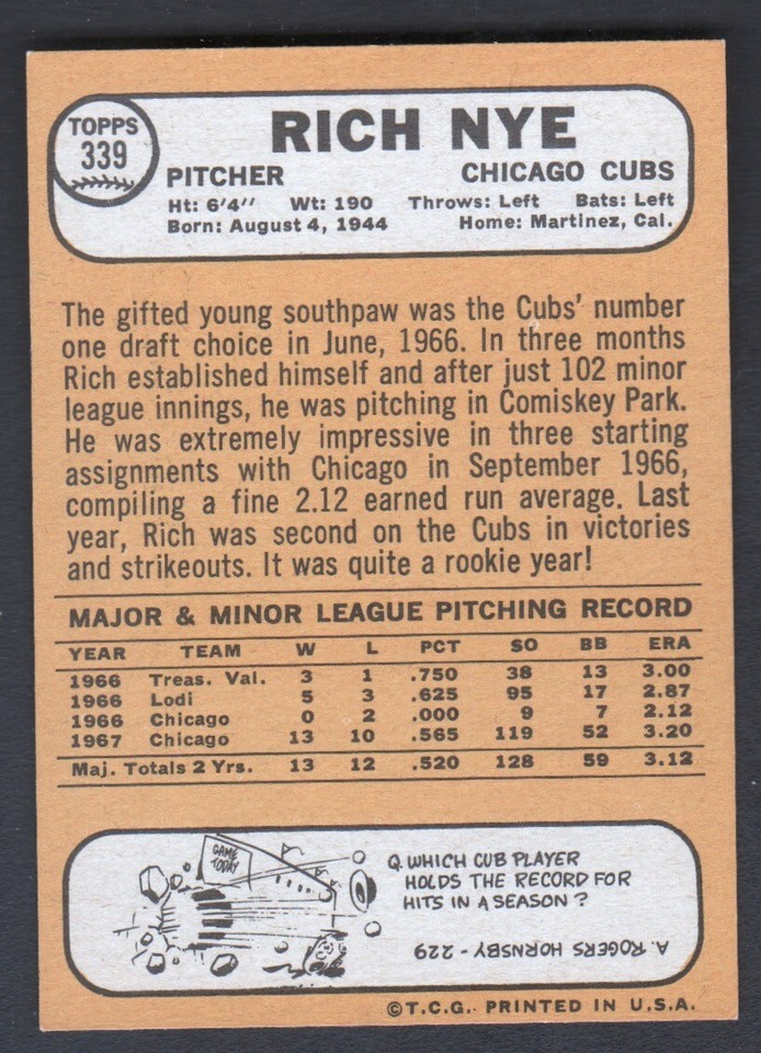1968 Topps #339 Rich Nye (nm) | eBay