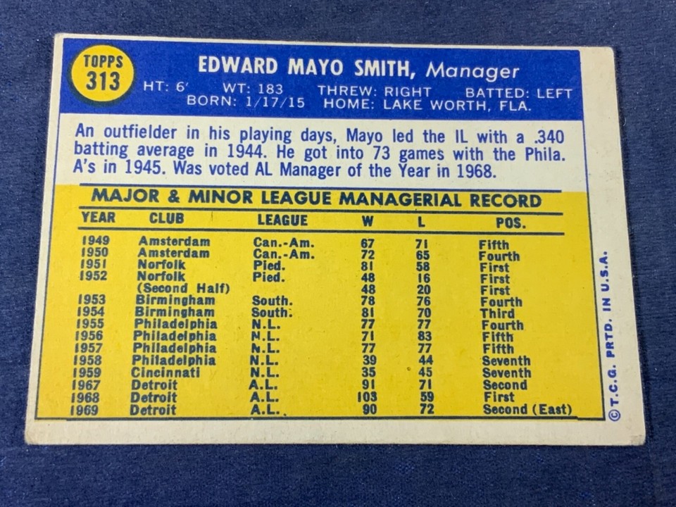 W4-12 BASEBALL CARD - MAYO SMITH DETROIT TIGERS - 1970 TOPPS - CARD ...