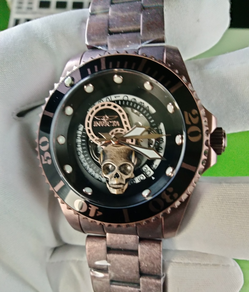 Invicta Pro Diver Brown SS Skull Head Skeleton Dial Automatic Men Watch ...