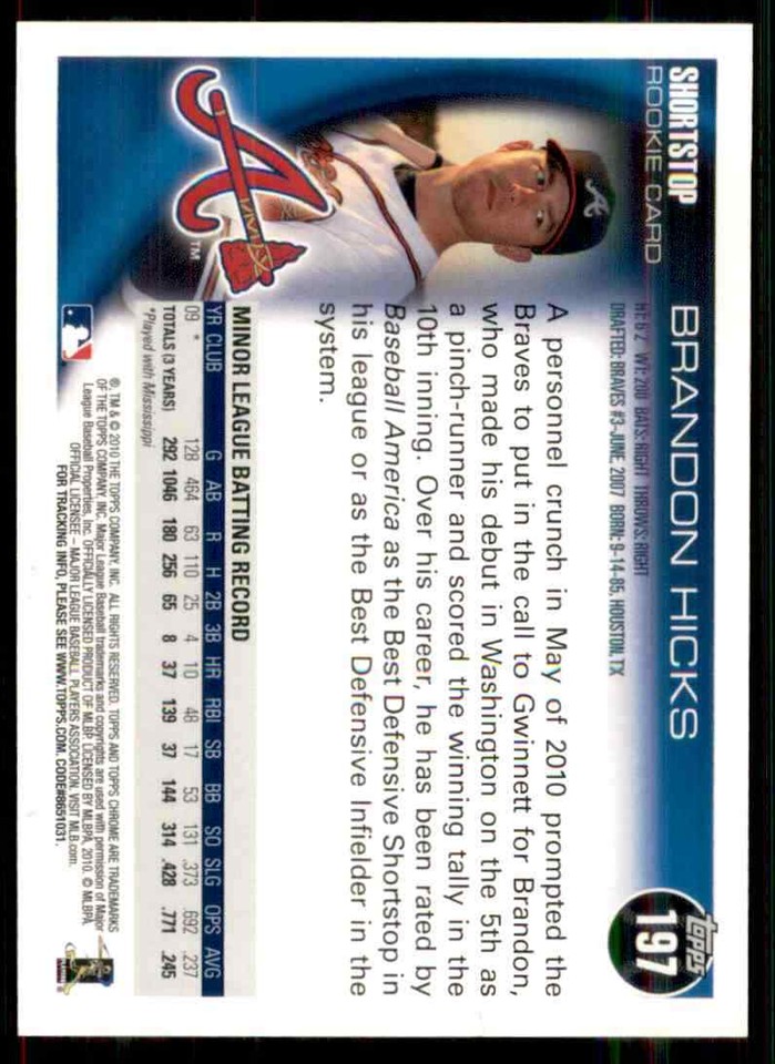 2010 Topps Chrome Brandon Hicks RC Auto Atlanta Braves #197 | eBay