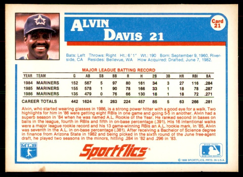 1987 Sportflics Alvin Davis Baseball Cards #21 | eBay