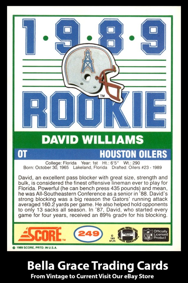 1989 Score David Williams #249 Houston Oilers Rookie NFL Football | eBay