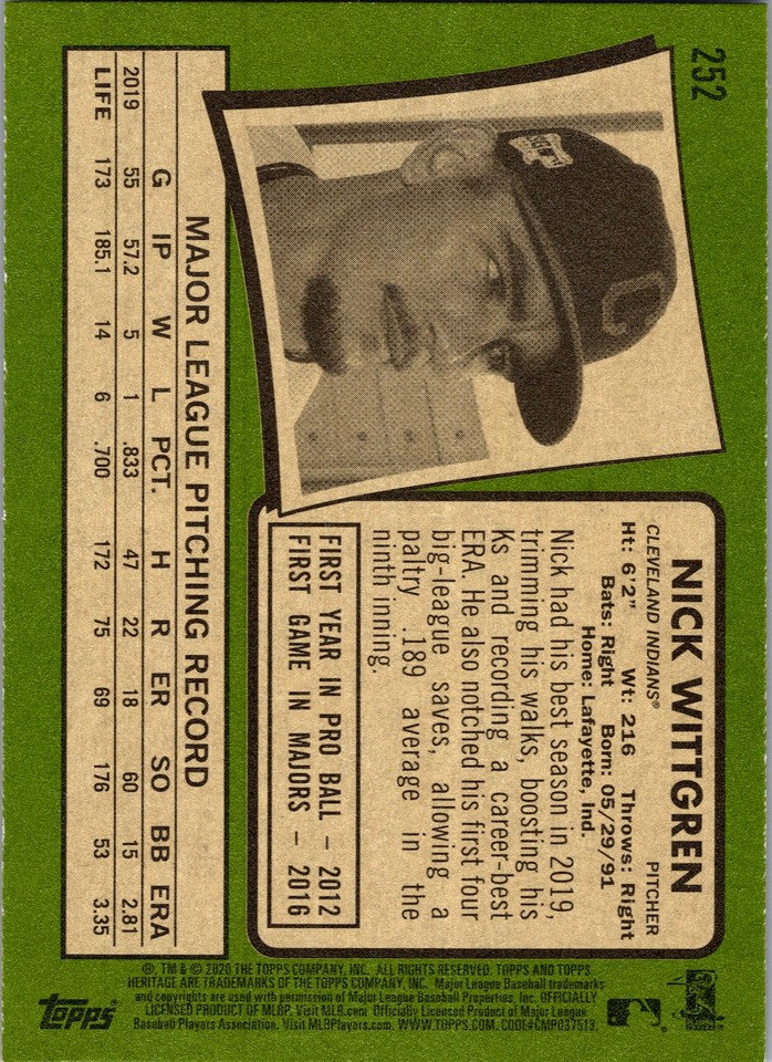 2020 Topps Heritage Nick Wittgren #252 Cleveland Indians | eBay