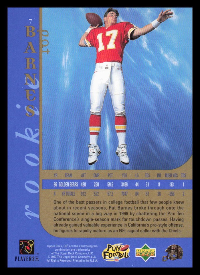 1997 Upper Deck UD3 #7 Pat Barnes Kansas City Chiefs | eBay