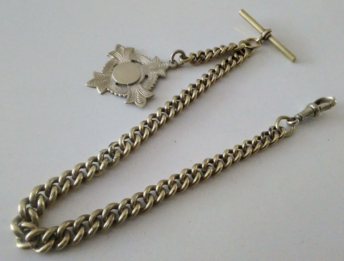 Antique Pocket Watch Chain T-Bar Dog Clip Curb Link Persian Silver Fob ...