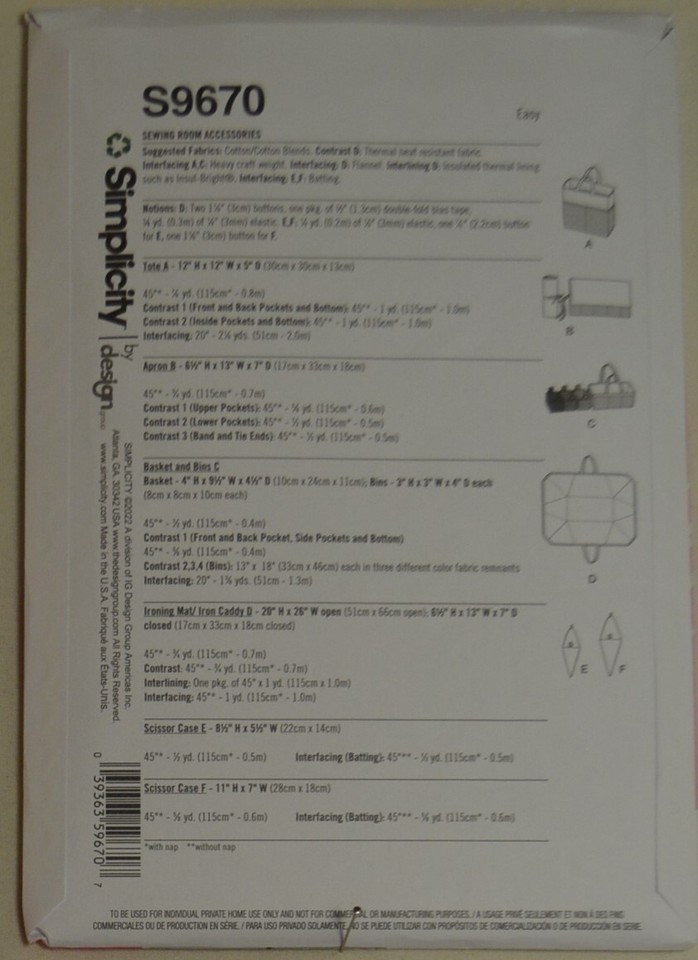 Simplicity - 9670 - Sewing Room Accessories | eBay