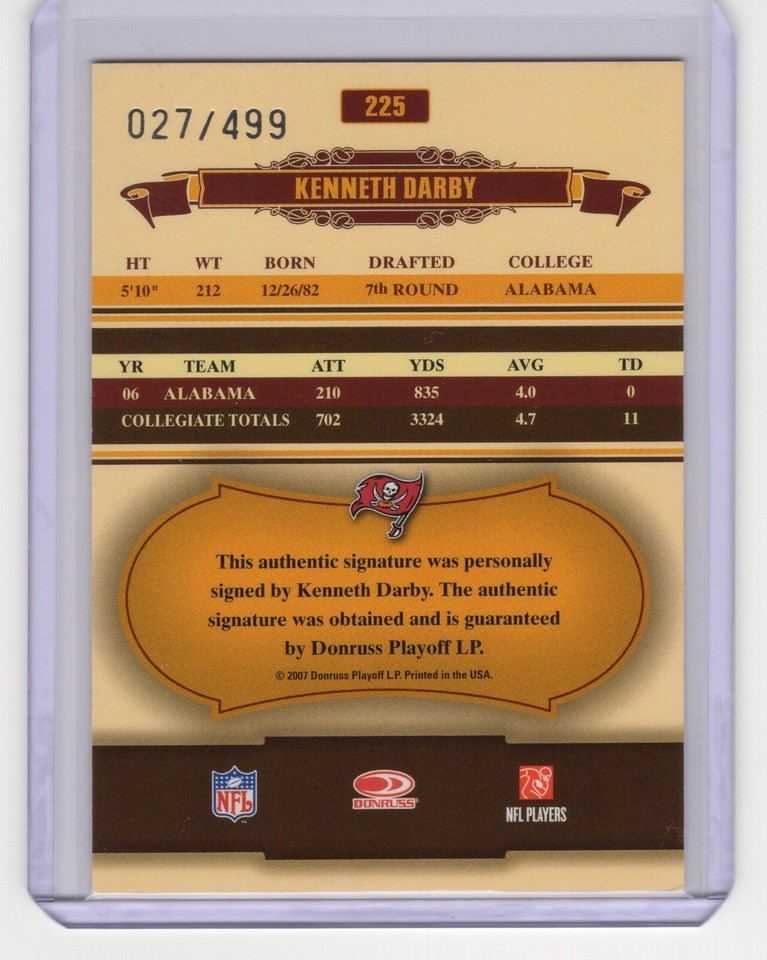 KENNETH DARBY 2007 CLASSICS NFL CERTIFIED AUTO ROOKIE SERIAL #'D 27/499 ...