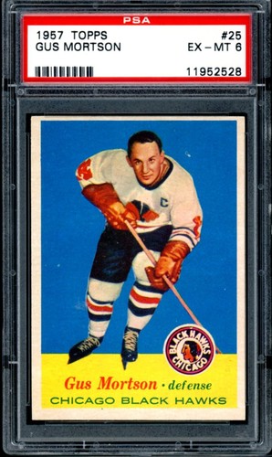 1957-58 TOPPS NHL HOCKEY #25 Gus Mortson PSA 6 EX-MT Chicago Black ...