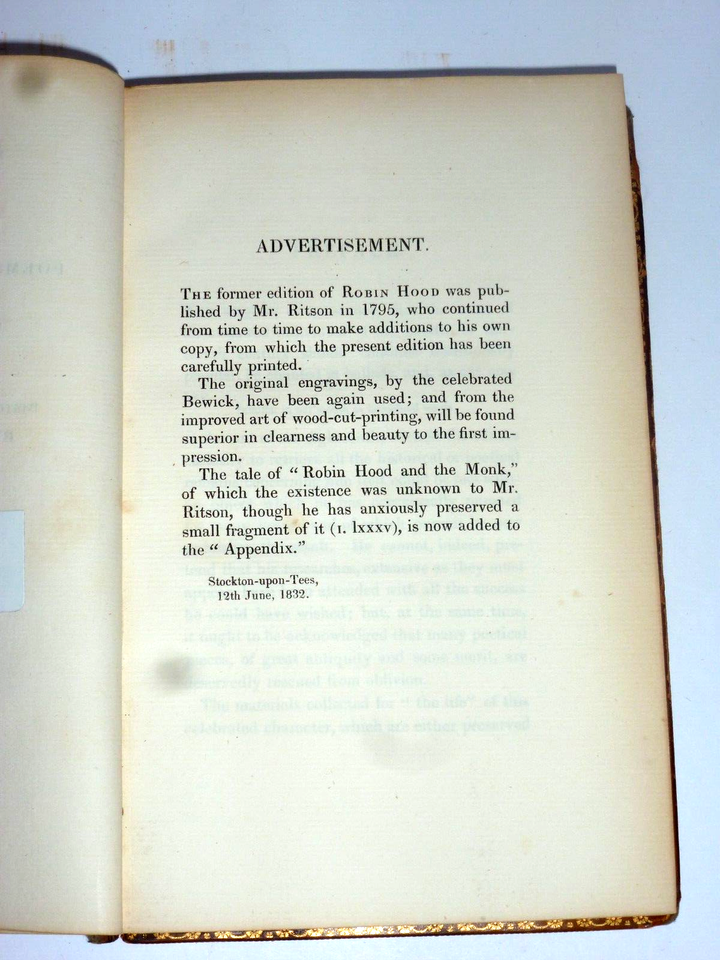 Joseph Ritson Robin Hood Collection of All the Ancient Poems Songs 1832 ...