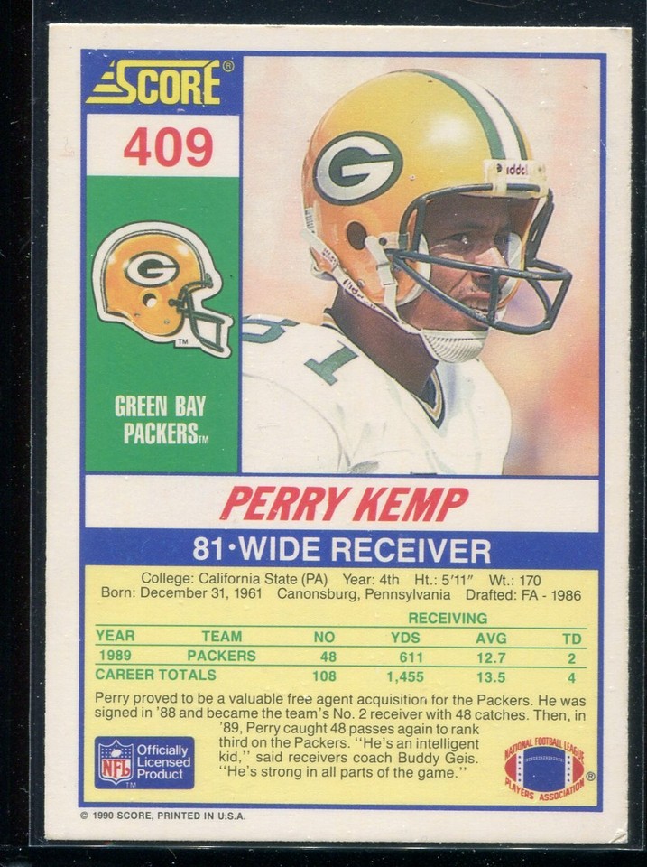 1990 Score Football Perry Kemp #409 Green Bay Packers | eBay