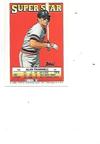 Alan Trammell 1988 Topps Super Star MLB Card #45 w/ Stickers #102 & 165 ...