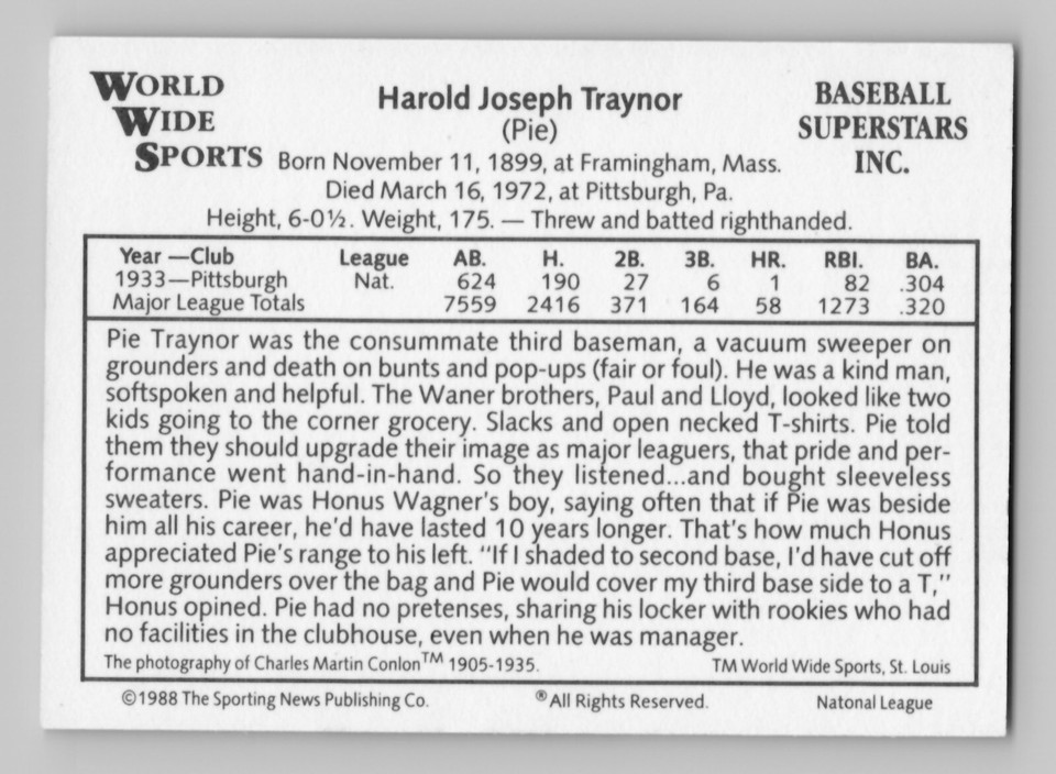 VTG 1988 Baseball Superstars Harold Joseph Traynor 1933 National All ...