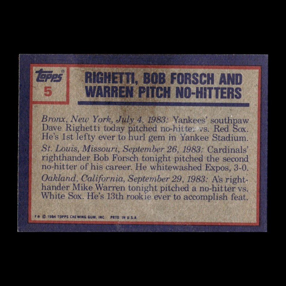 Dave Righetti/Bob Forsch/Mike Warren 1984 Topps #5 R320C 6 | eBay