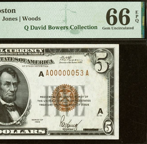 1929 $5 National Bank Note Boston PMG 66EPQ Birthday Note Low Serial ...