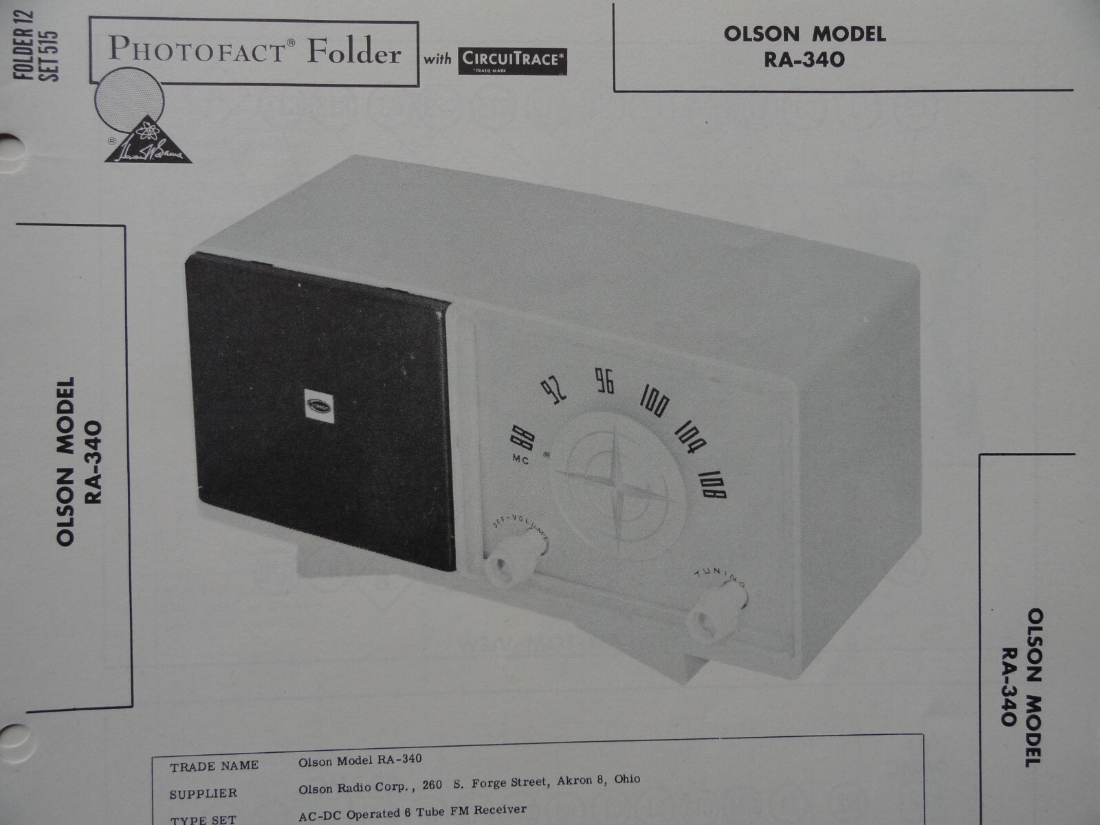 Original Sams Photofact Manual OLSON MODEL RA-340 (515) | eBay