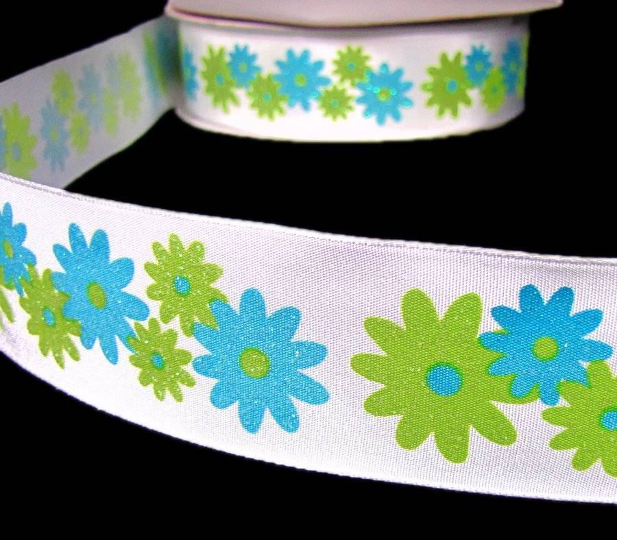 5 Yards Aqua Blue Green Glitter Flowers Wired Ribbon 1 1/2"W | eBay