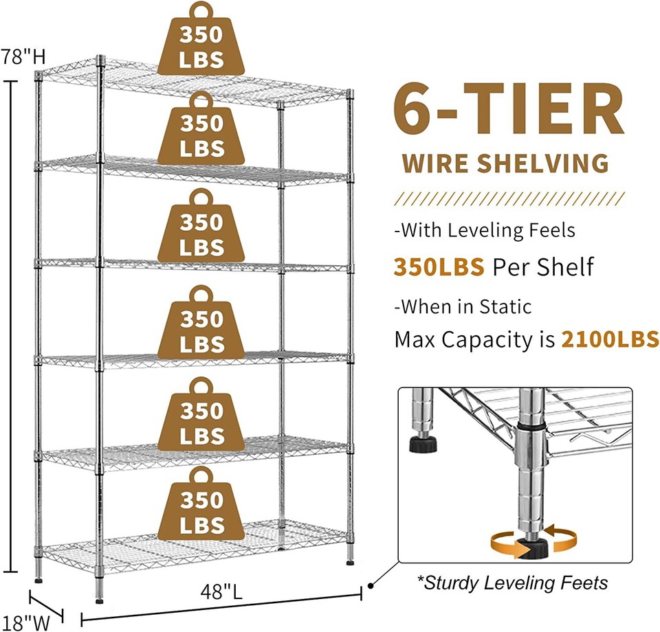 6 Tier Wire Shelving Unit, Heavy Duty Adjustable Metal Shelf Storage ...