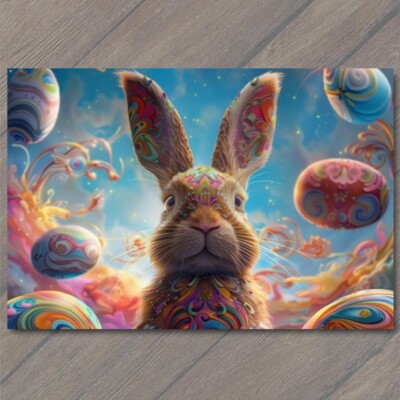 POSTCARD Rabbit Bunny Surrealism Crazy Bright Colors Weird Strange Wild ...