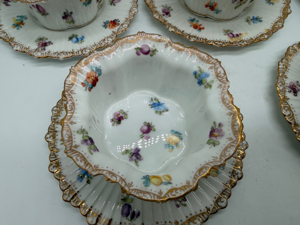 Antique German Dresden Porcelain Set of 7 Ramekin Cups & Saucers w ...