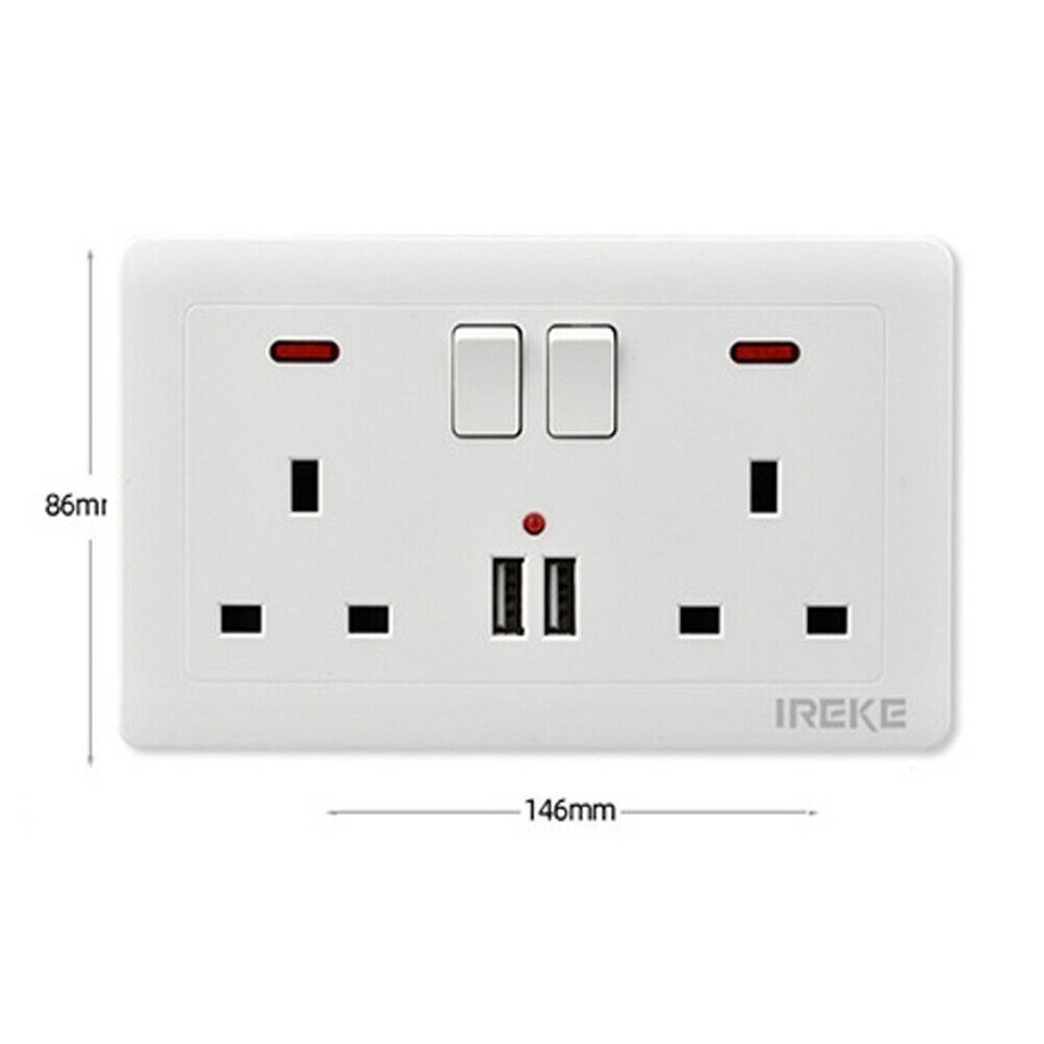 Double Wall Plug Socket 2 Gang 13A W 2 Charger USB Outlets Flat Plate ...