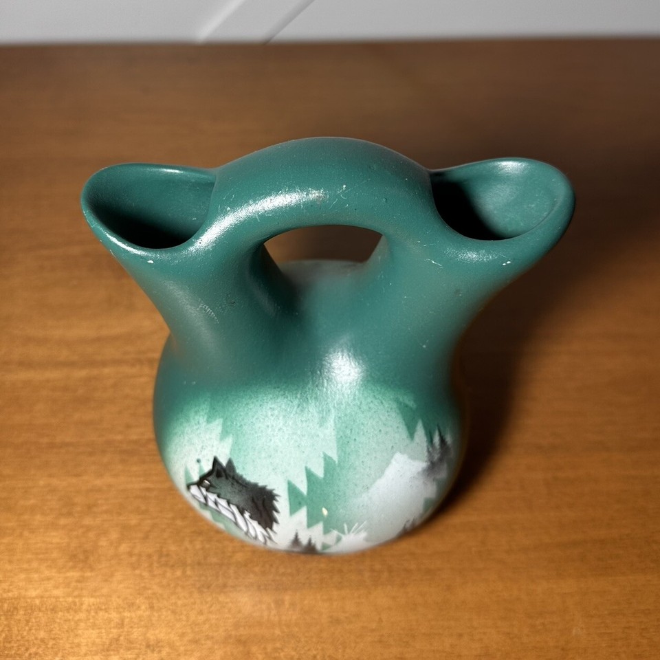 Pottery Wolf Scene Indian Wedding Vase Signed Native American Howl At ...