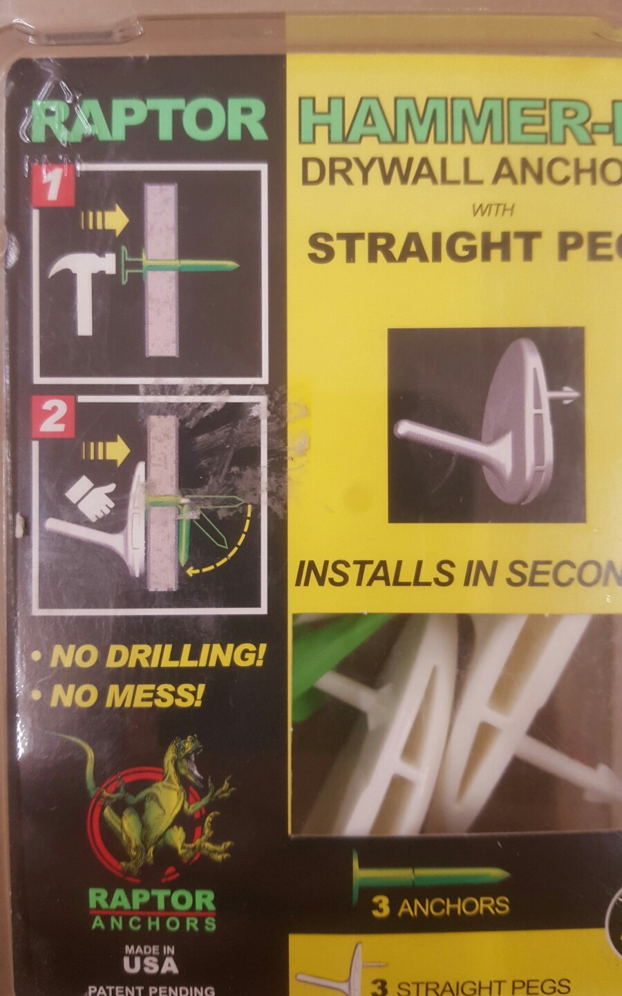 RAPTOR HAMMER IN DRYWALL ANCHORS WITH STRAIGHT PEGS - PACK OF 3 - HOLDS ...