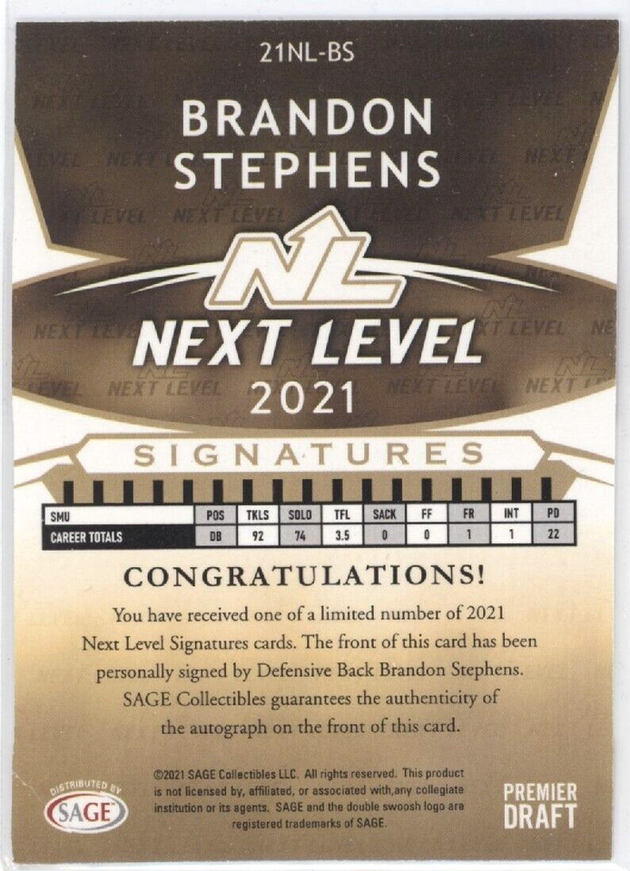 Brandon Stephens 2021 SAGE Hit Premier Rookie Next Level Autograph Red ...