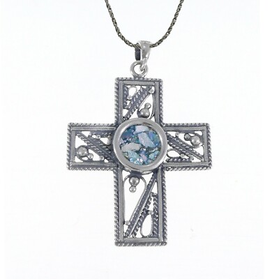 Nice Filigree Cross, Ancient Roman Glass Pendant, 925 Sterling Silver ...