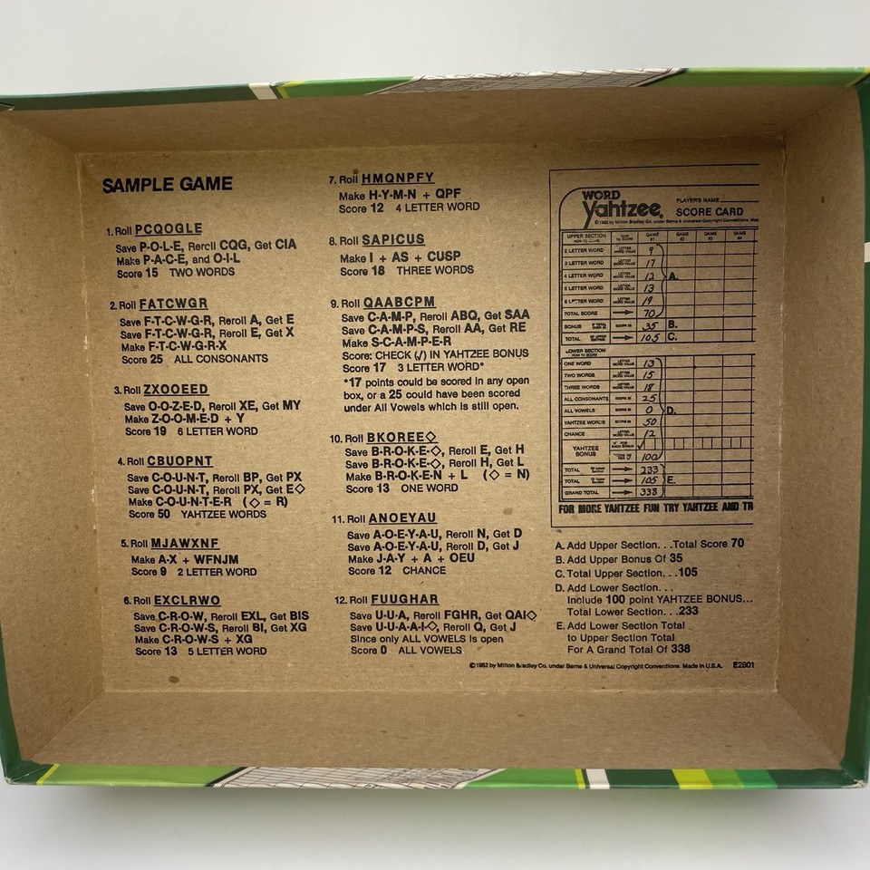 Vintage E.S. Lowe Word Yahtzee Dice Game 1982 Table Game - COMPLETE Set ...
